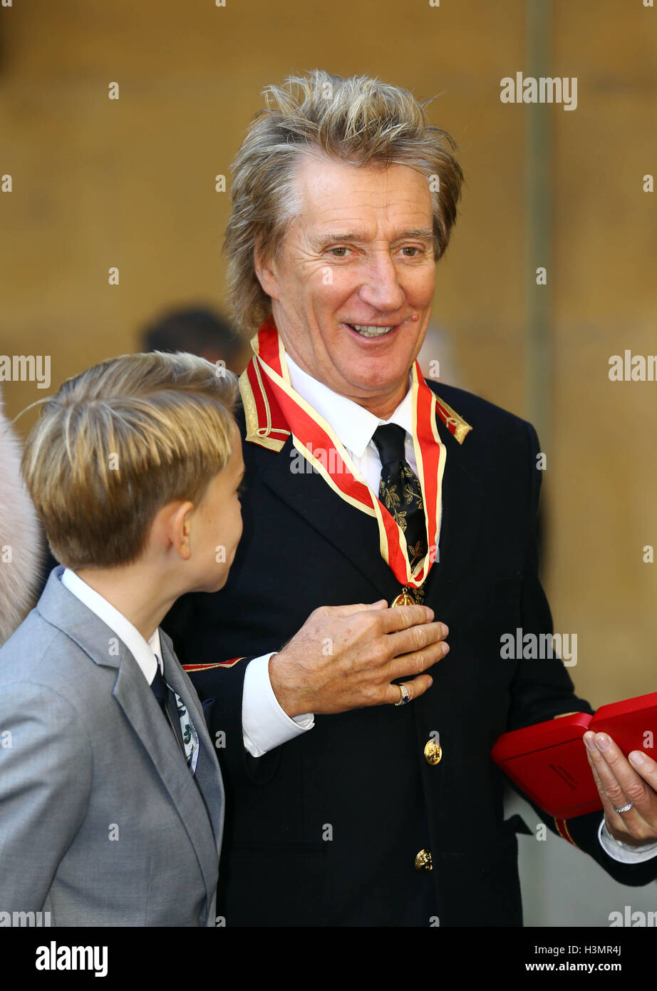 Veteran singer Sir Rod Stewart at Buckingham Palace in London, with his ...