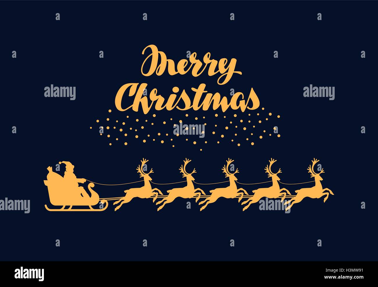 Merry Christmas greeting card. Santa Claus rides in sleigh pulled by ...