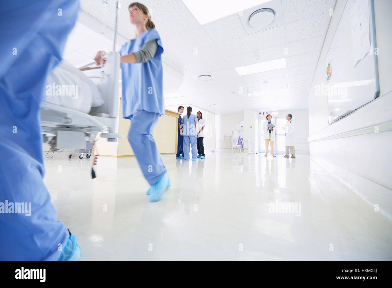 Male and female medics urgently pushing hospital bed along corridor ...