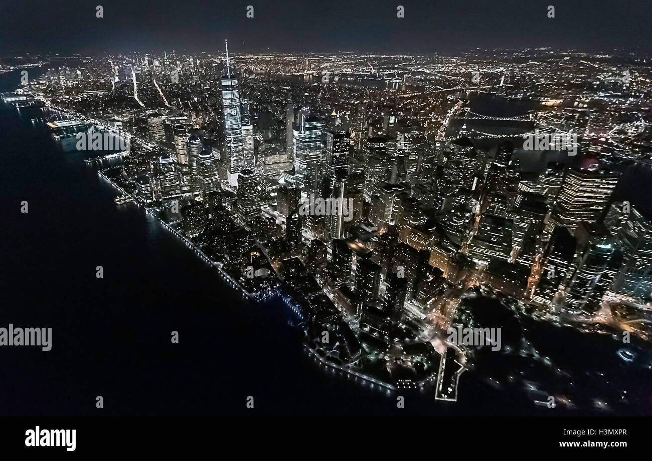 Aerial view from helicopter of Freedom Tower, Manhattan, New York, USA ...