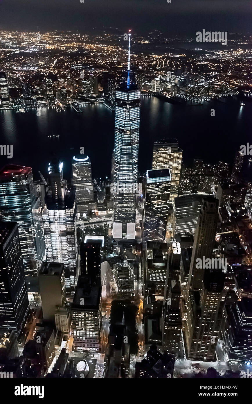 Aerial view from helicopter of Freedom Tower, Manhattan, New York, USA ...