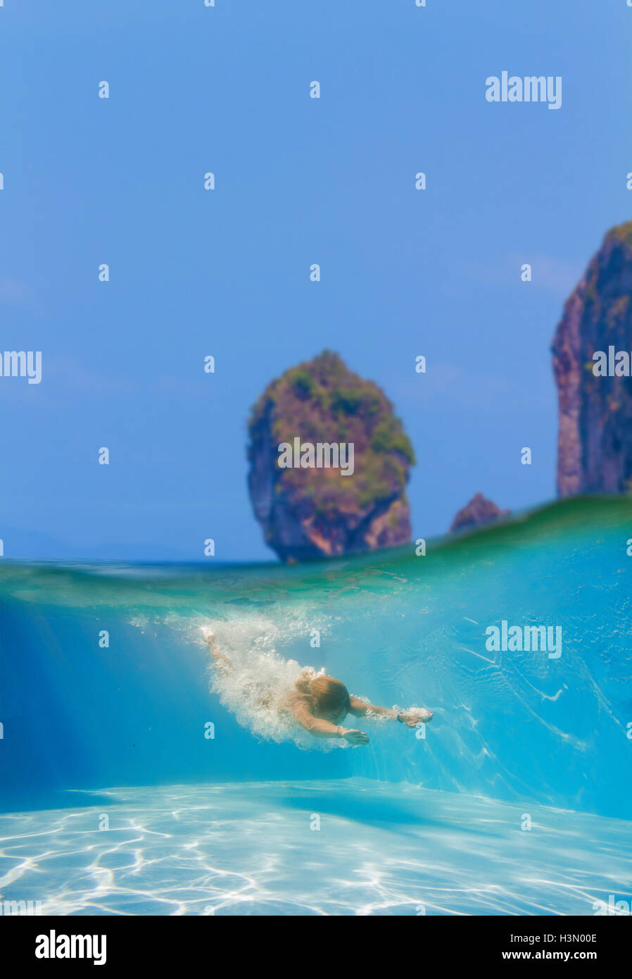 Split photo of a Young women at snorkeling in the tropical water Stock ...