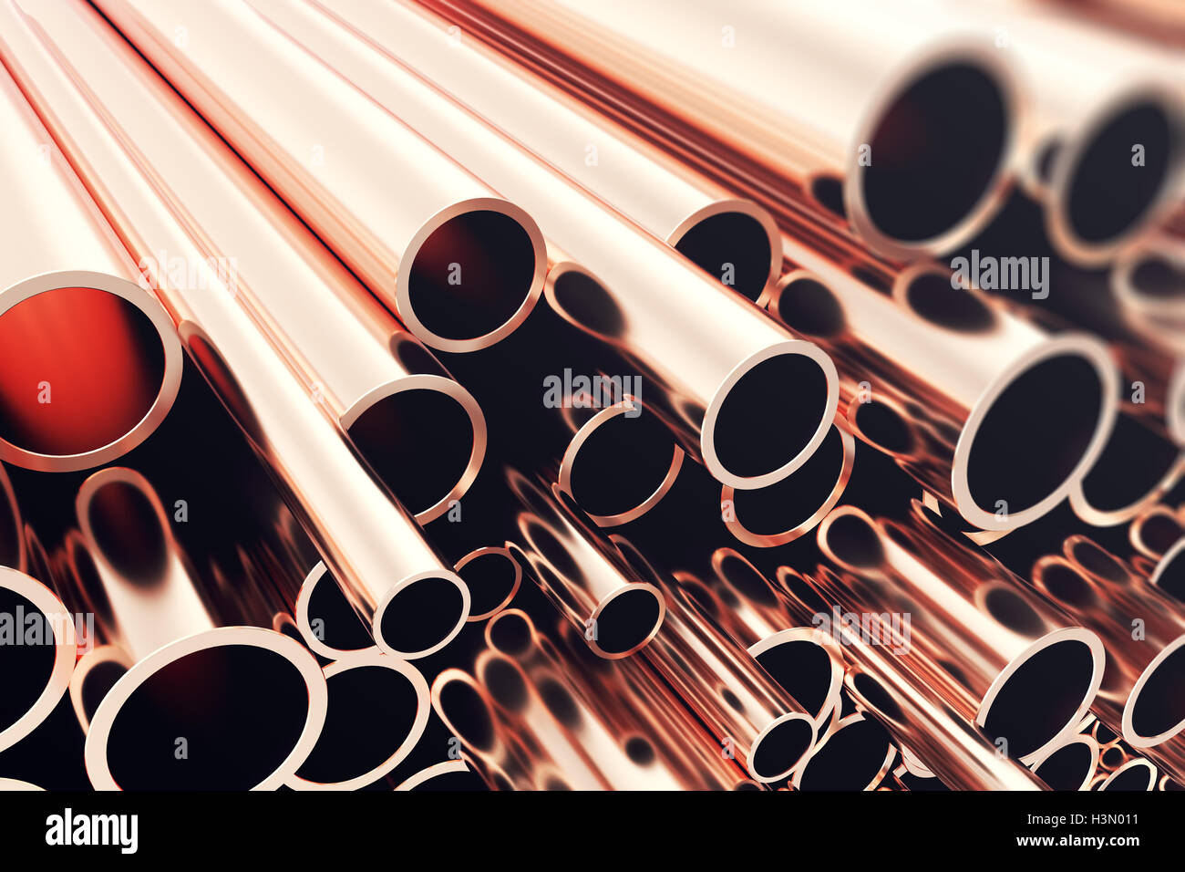 Heap of shiny copper pipes with selective focus effect. 3d rendering ...