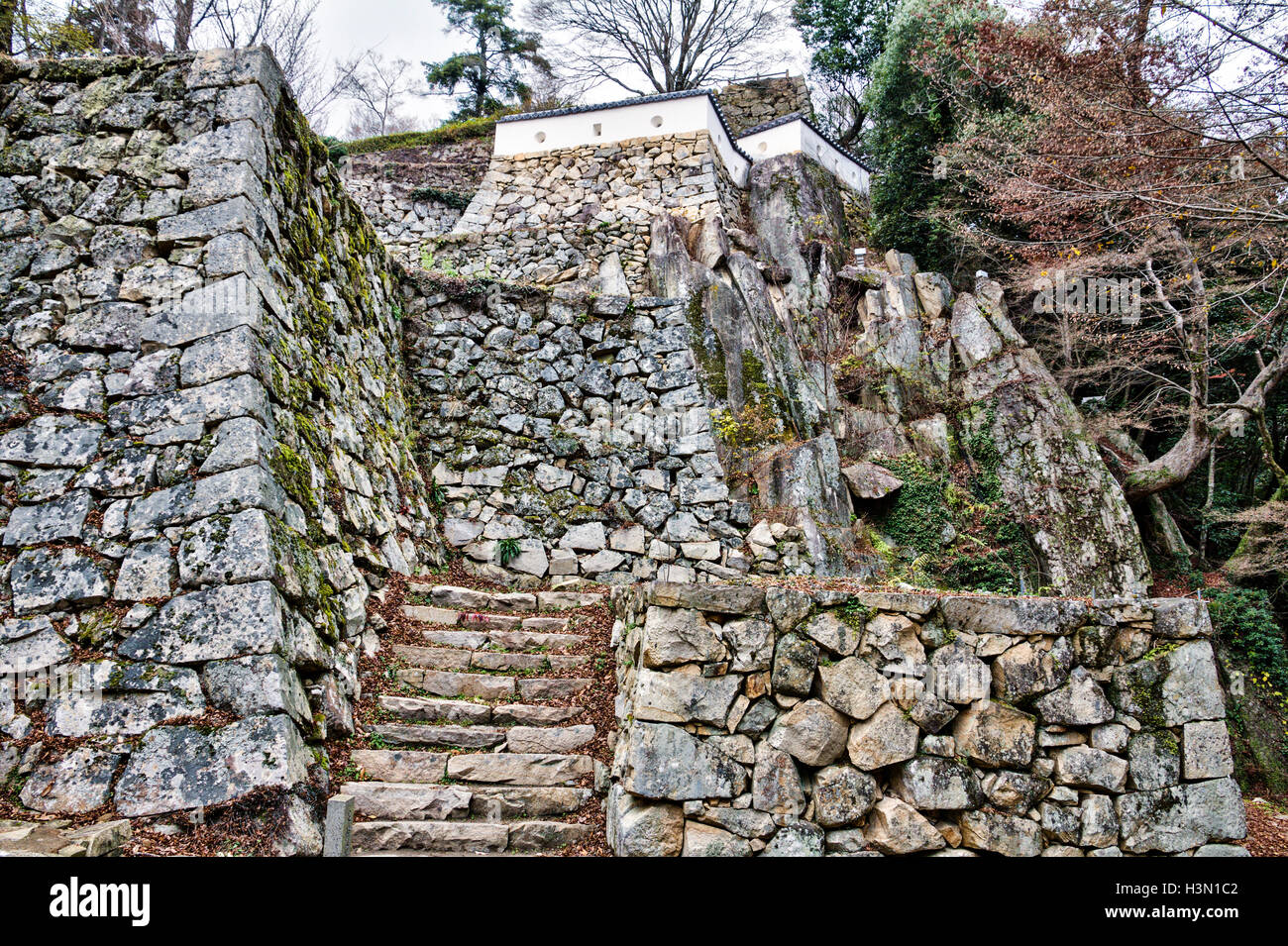 Japan, Takahashi. Bitchu Matsuyama castle. Ruins of Otemon gate, main ...