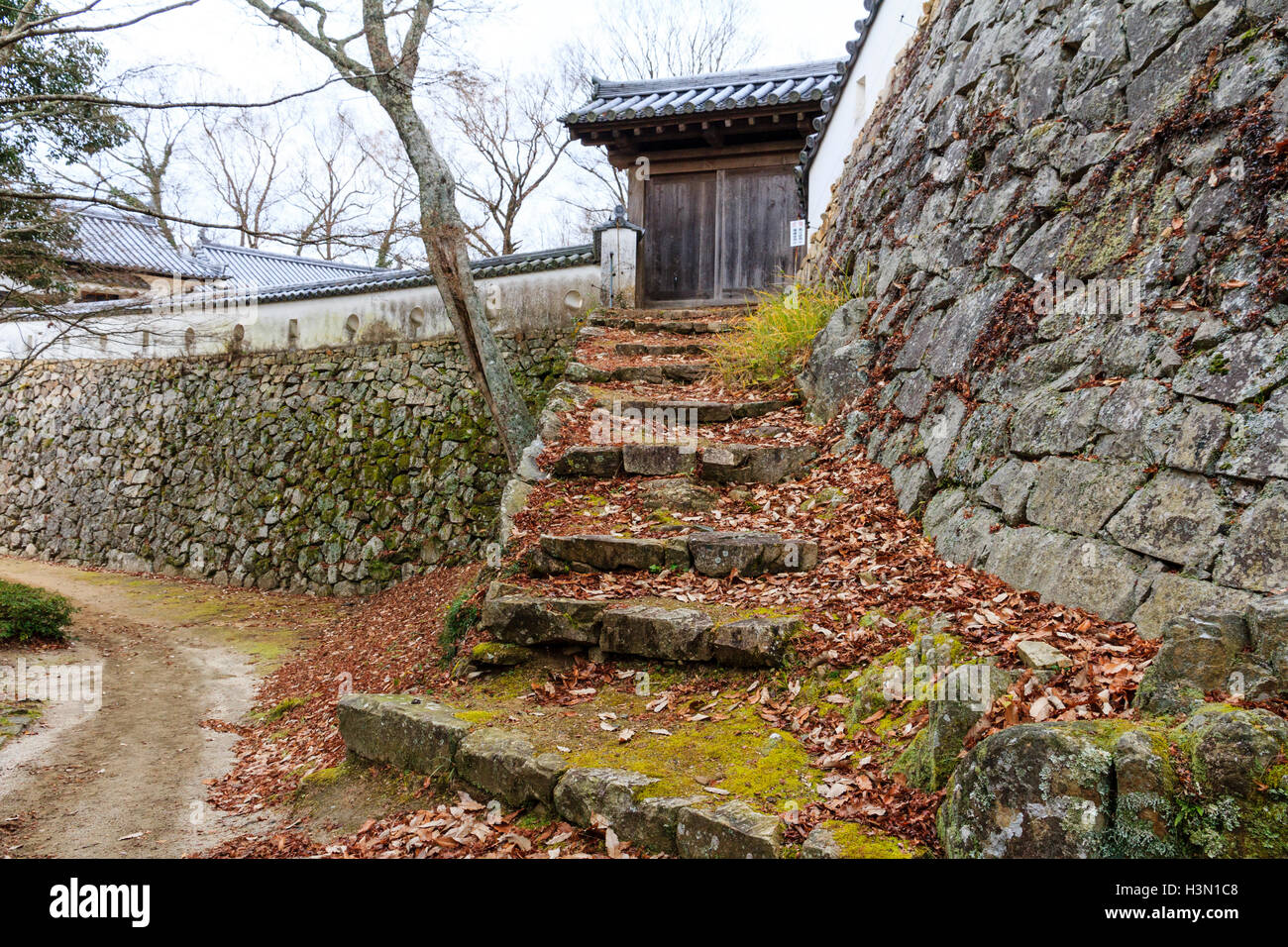 Japan, Takahashi. Bitchu Matsuyama castle. Path along Ishigaki stone ...