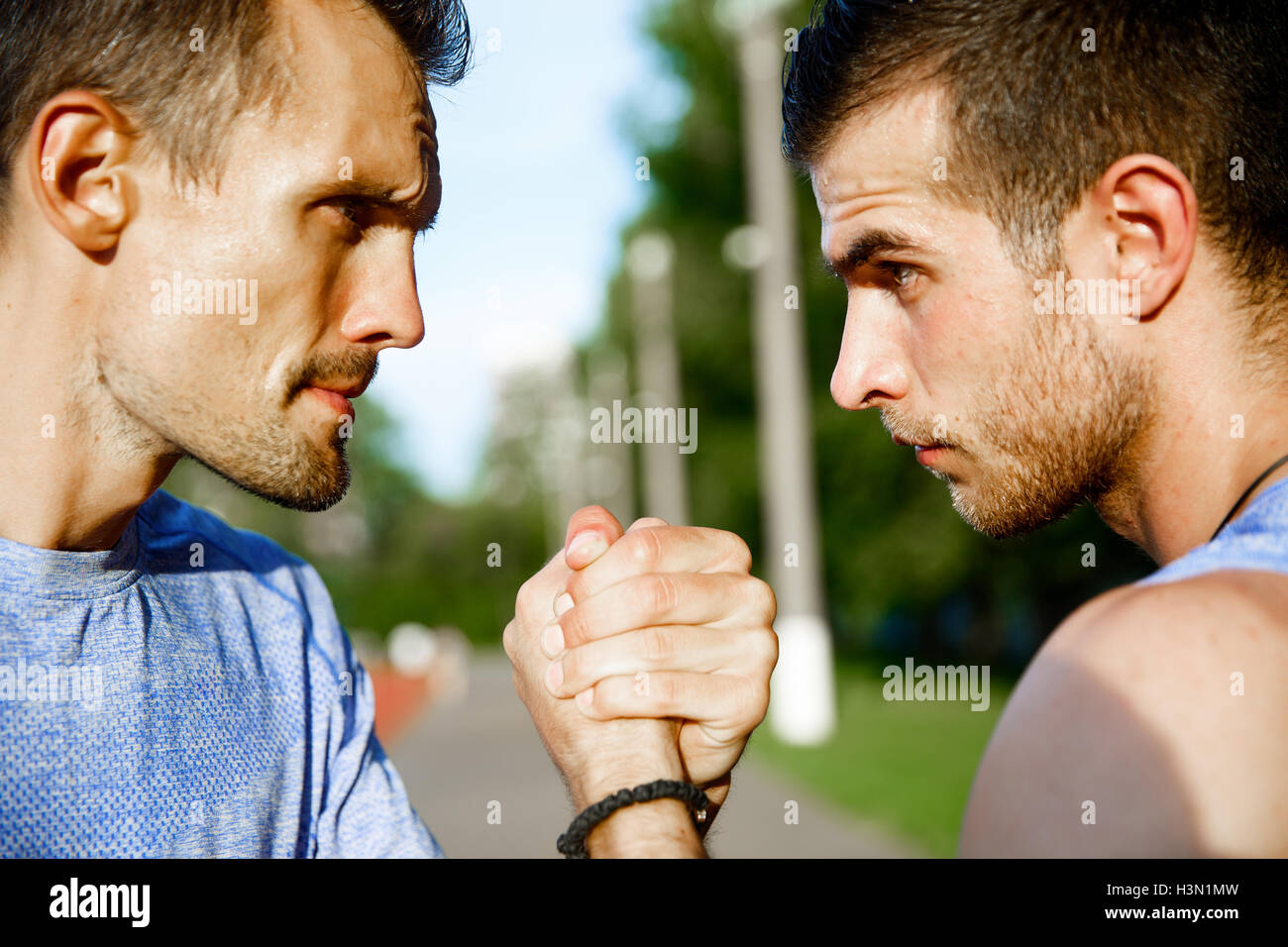 Portrait on nature of two emotional men handshake Stock Photo - Alamy