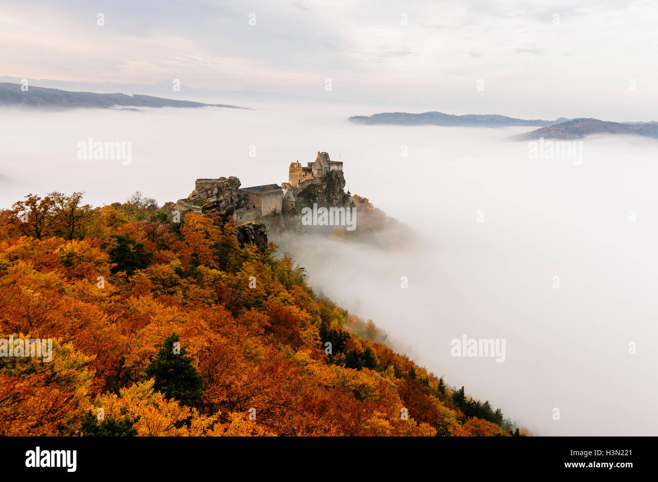 Schönbühel-Aggsbach: Aggstein Castle, mist over the Danube Valley ...