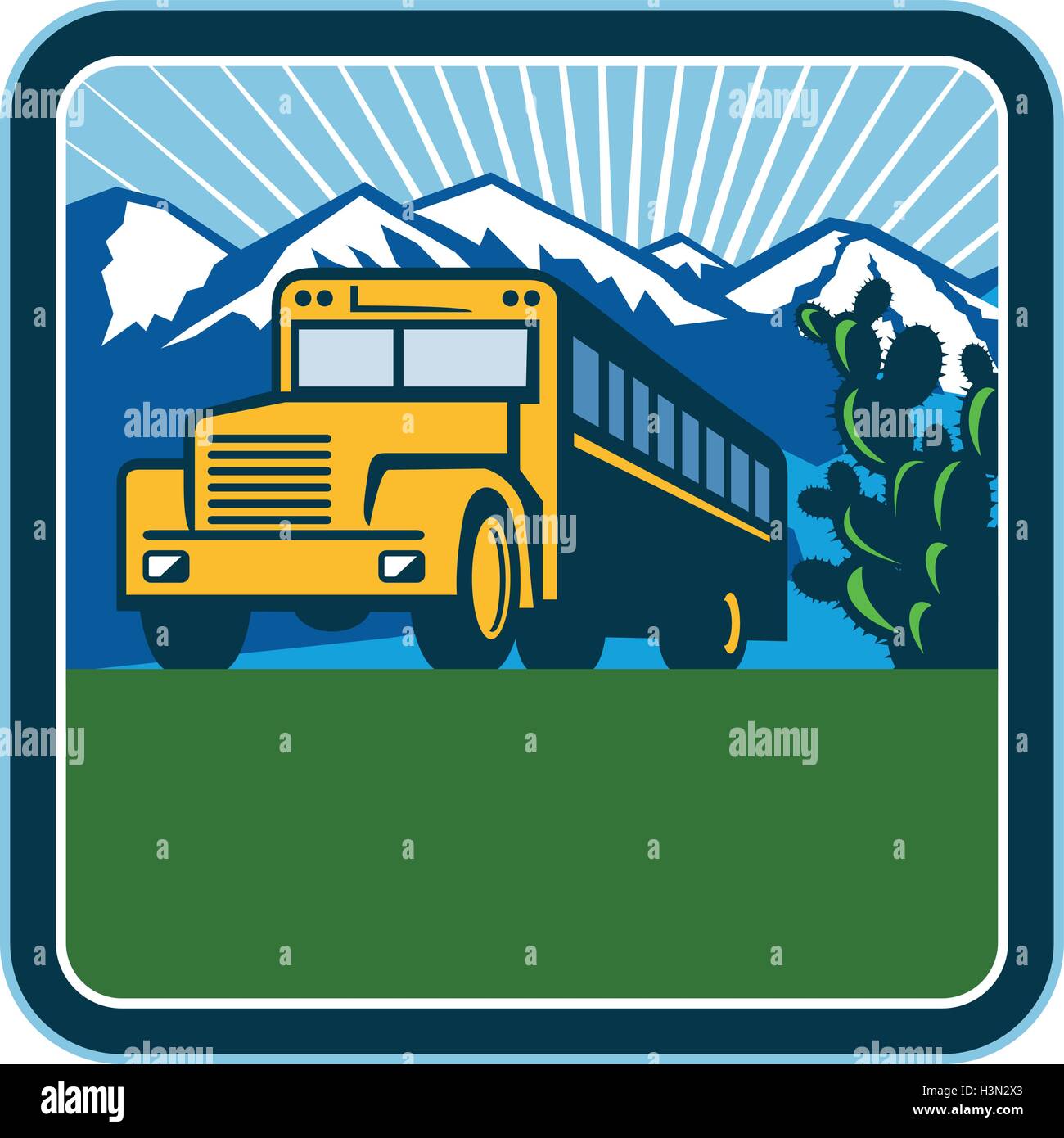 Illlustration of a school bus viewed from front with cactus, mountains ...