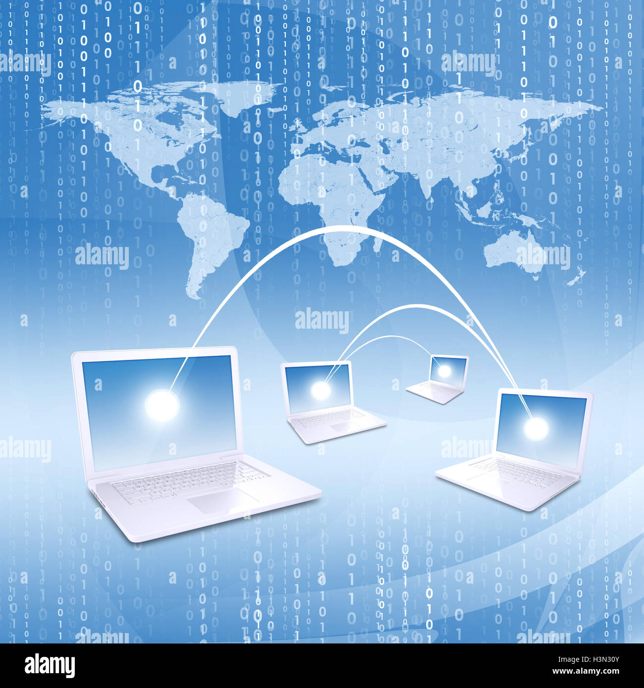 Laptops with world map Stock Photo - Alamy
