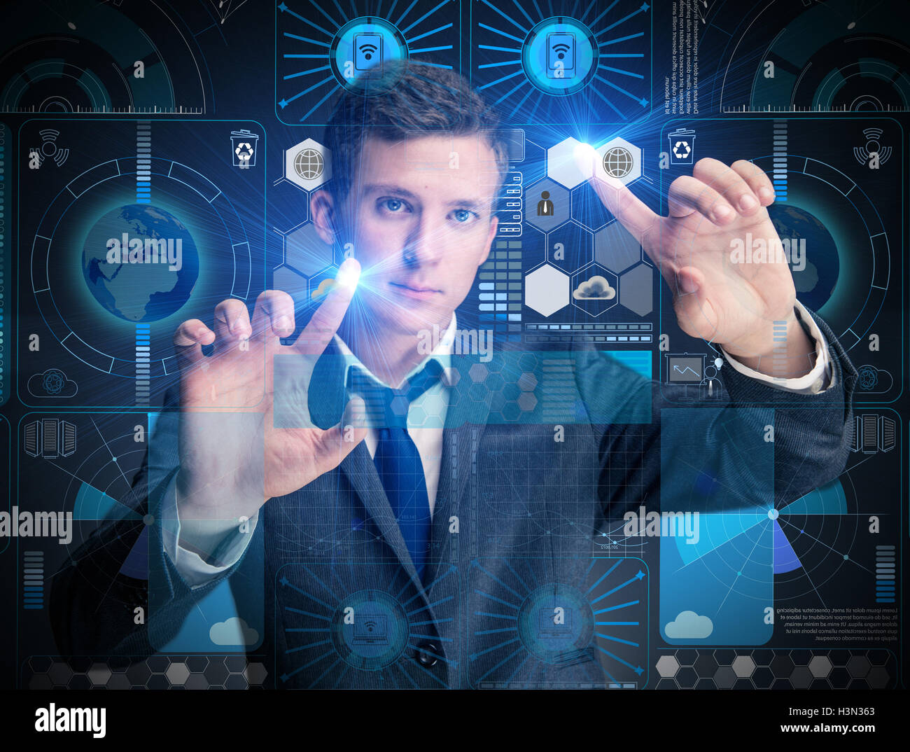 Futuristic media sharing concept with man Stock Photo - Alamy
