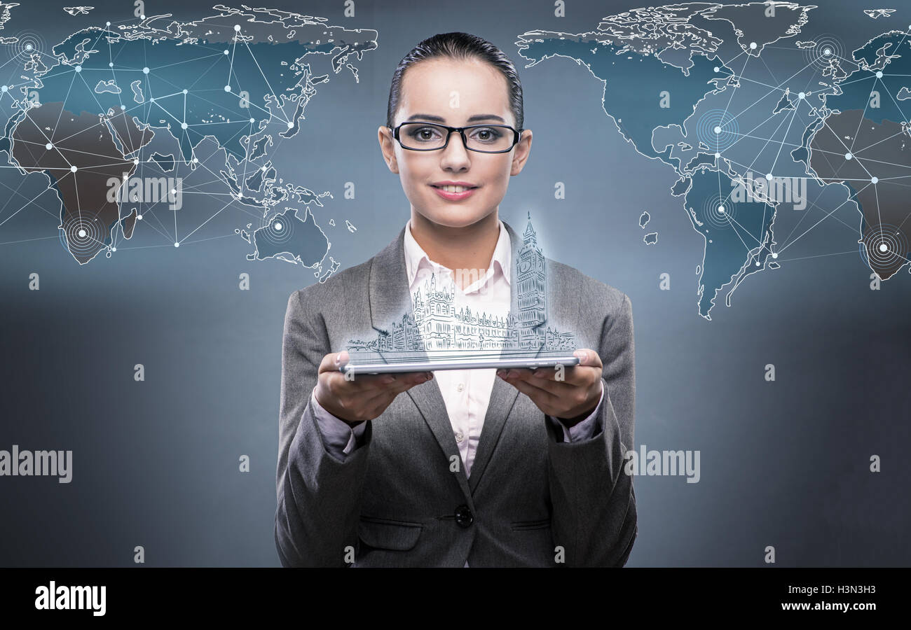 Virtual reality travel concept with woman and tablet Stock Photo - Alamy