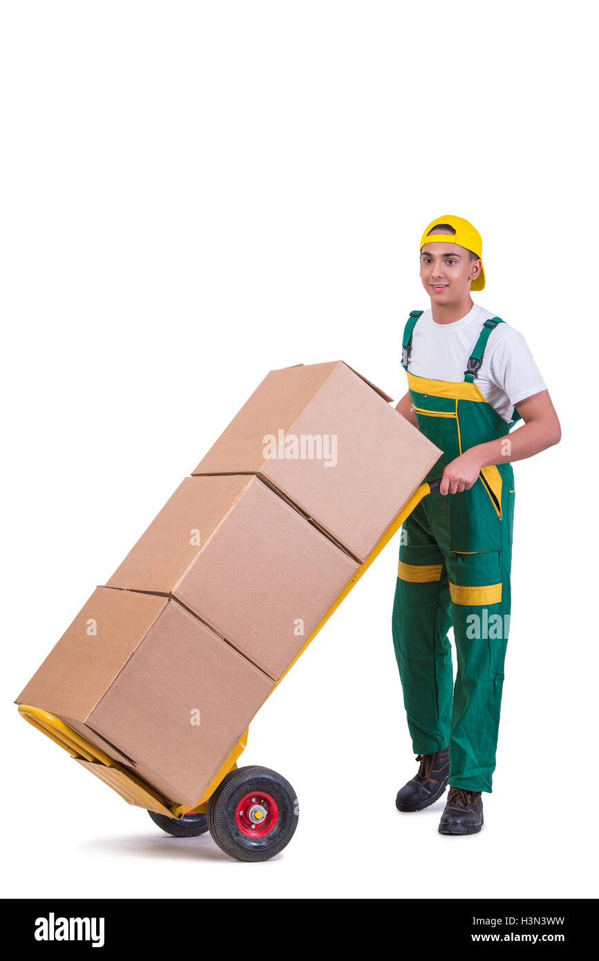Young man moving boxes with cart isolated on white Stock Photo - Alamy