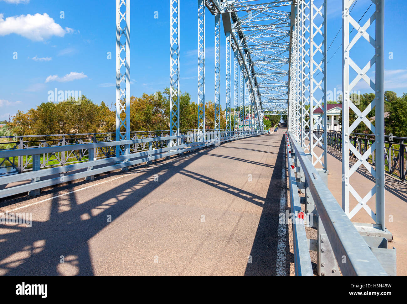 First in Russia steel arch bridge on river Msta. Historical iron bridge ...