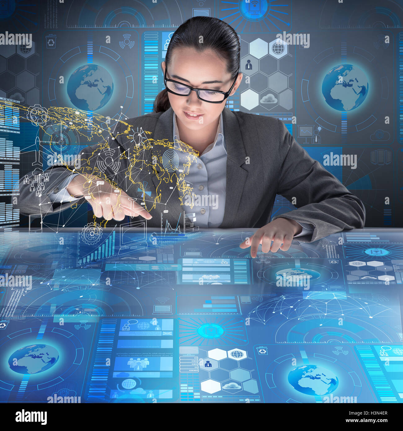 Futuristic media sharing concept with woman Stock Photo - Alamy