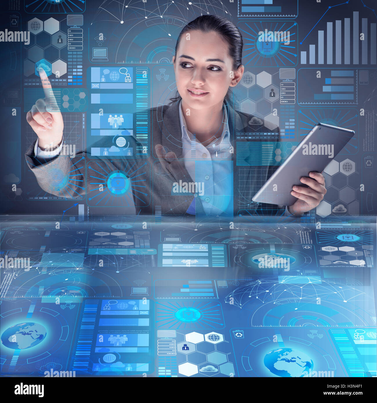 Futuristic media sharing concept with woman Stock Photo - Alamy