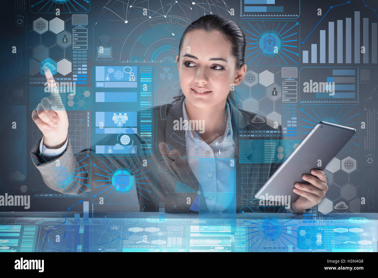 Futuristic media sharing concept with woman Stock Photo - Alamy