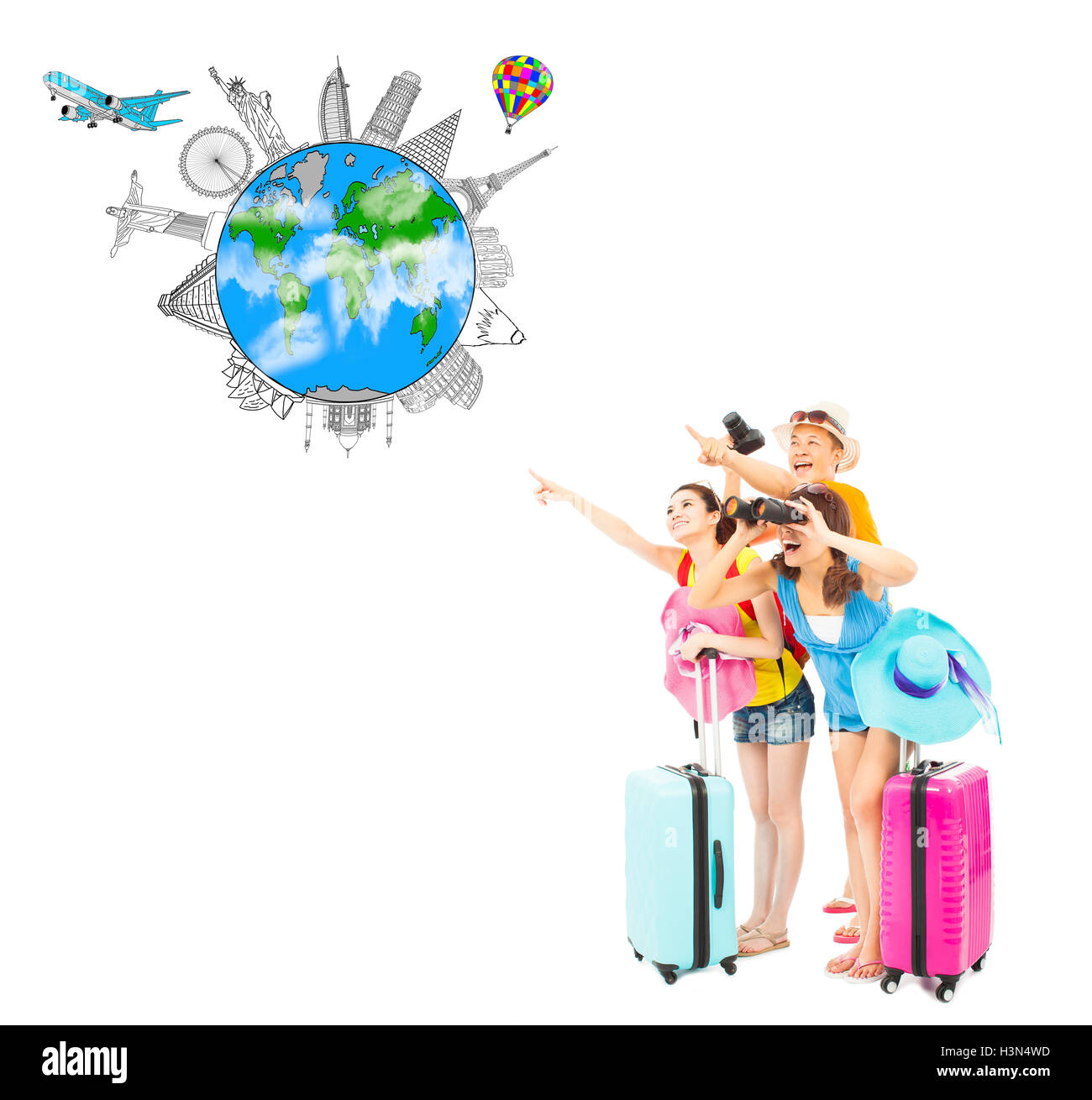 happy young people looking for worldwide landmarks Stock Photo - Alamy
