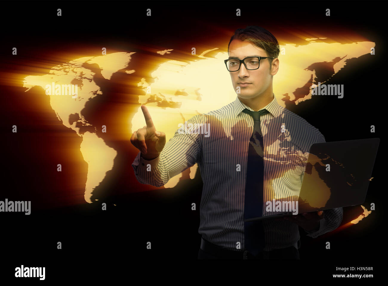 Businessman pressing virtual buttons in global business concept Stock ...