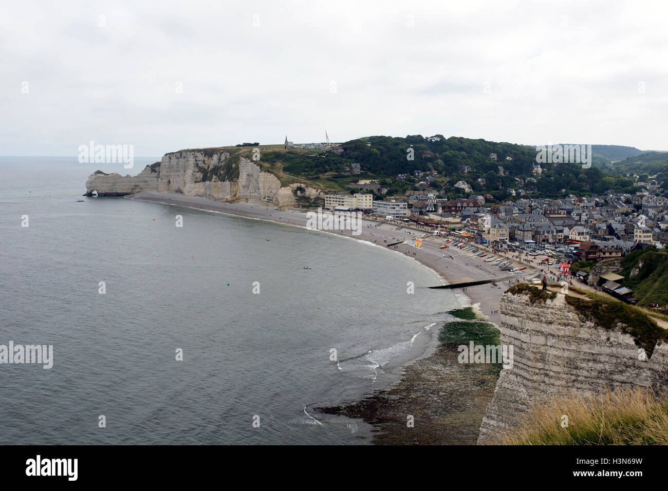 Etretat, France - August 12, 2016: Etretat village and its bay beach ...