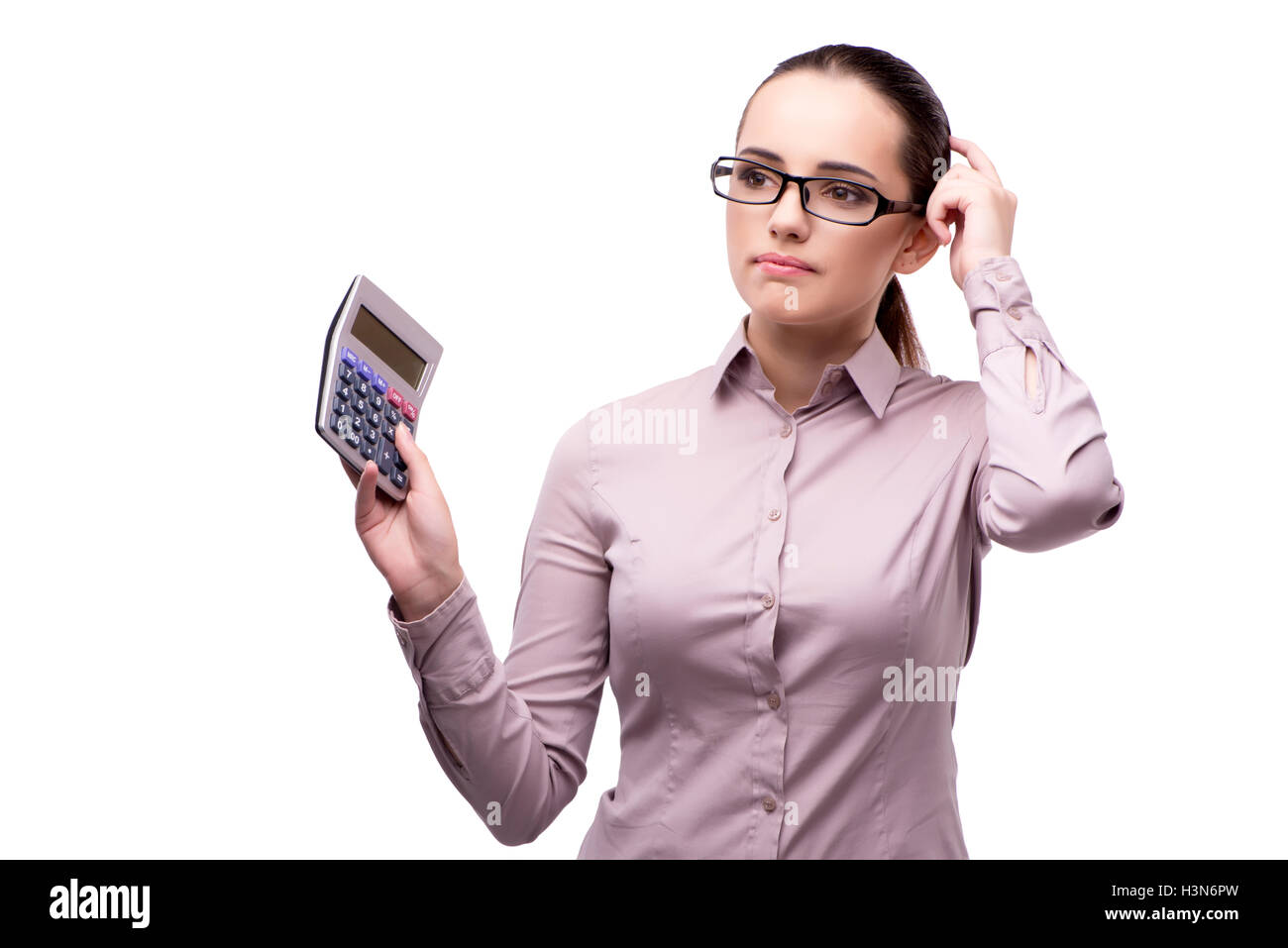 Young accountant with calculator isolated on white Stock Photo - Alamy