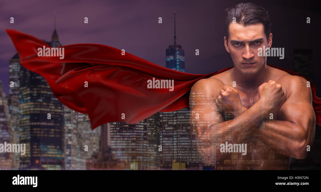 Man in red cover protecting city Stock Photo - Alamy