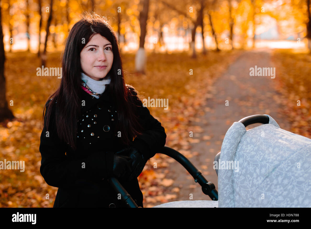 Young happy mom with a stroller in autumn park Stock Photo - Alamy