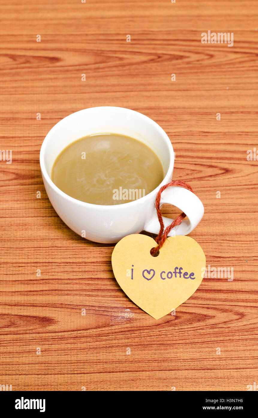 coffee cup with heart tag write I love coffee word Stock Photo - Alamy
