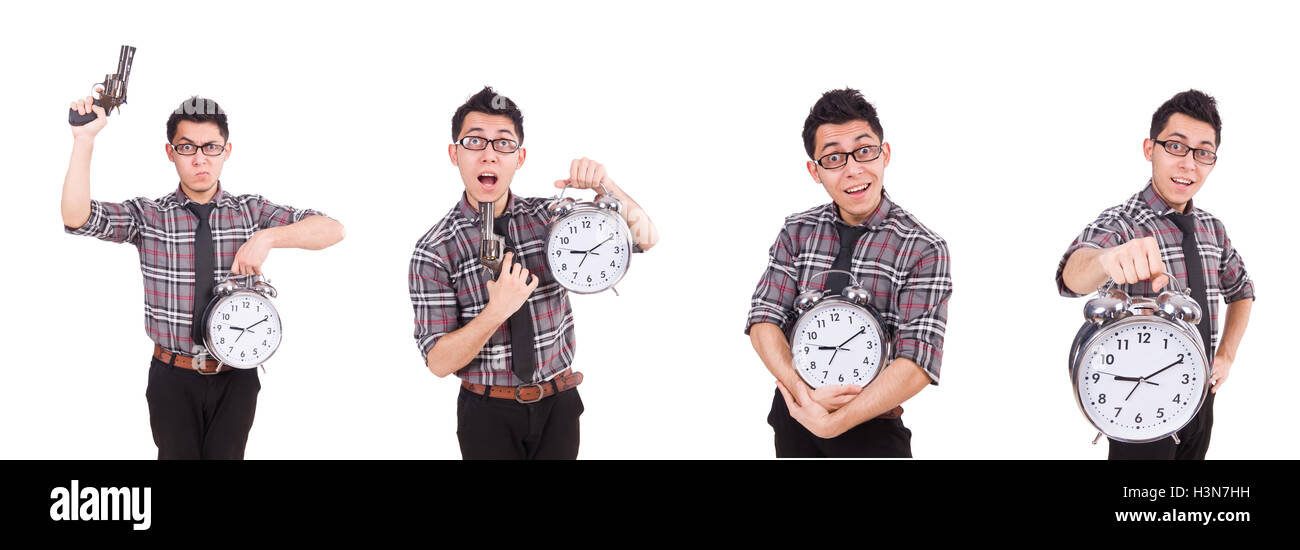 Young man with clock isolated on white Stock Photo - Alamy