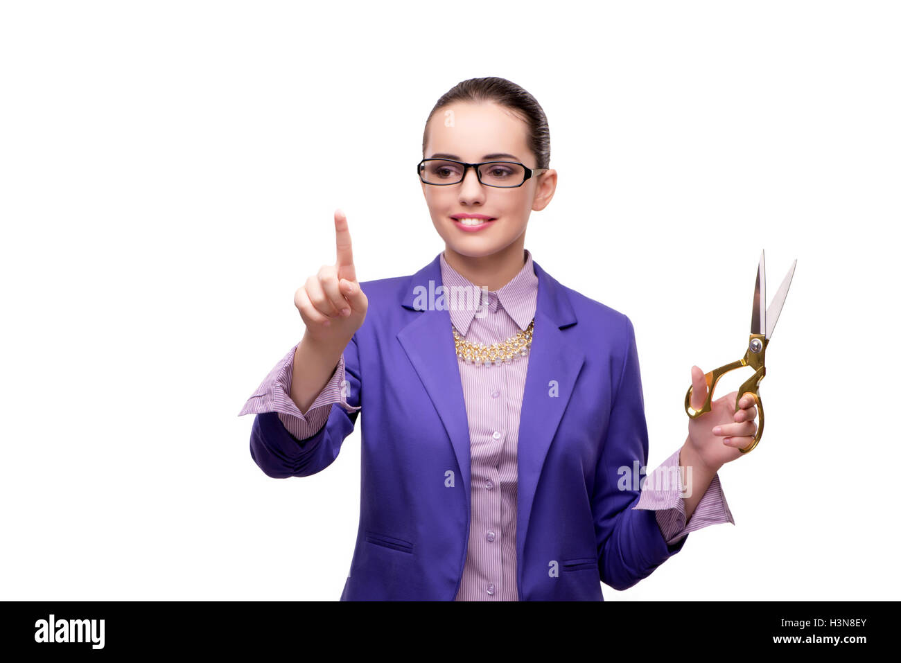 Young woman with scissors isolated on white Stock Photo - Alamy
