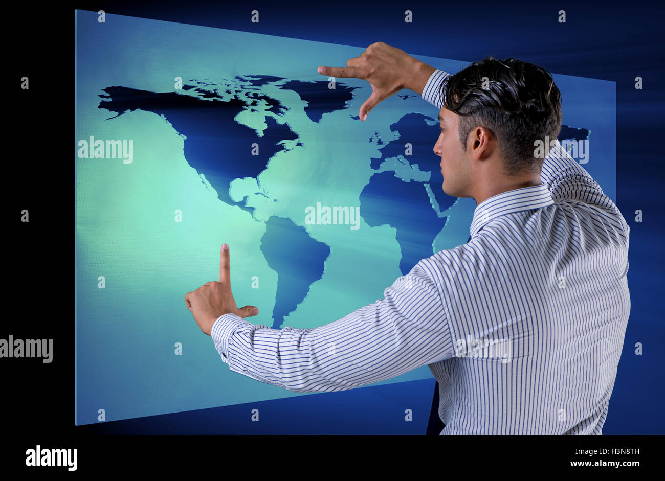 Businessman pressing virtual buttons in global business concept Stock ...