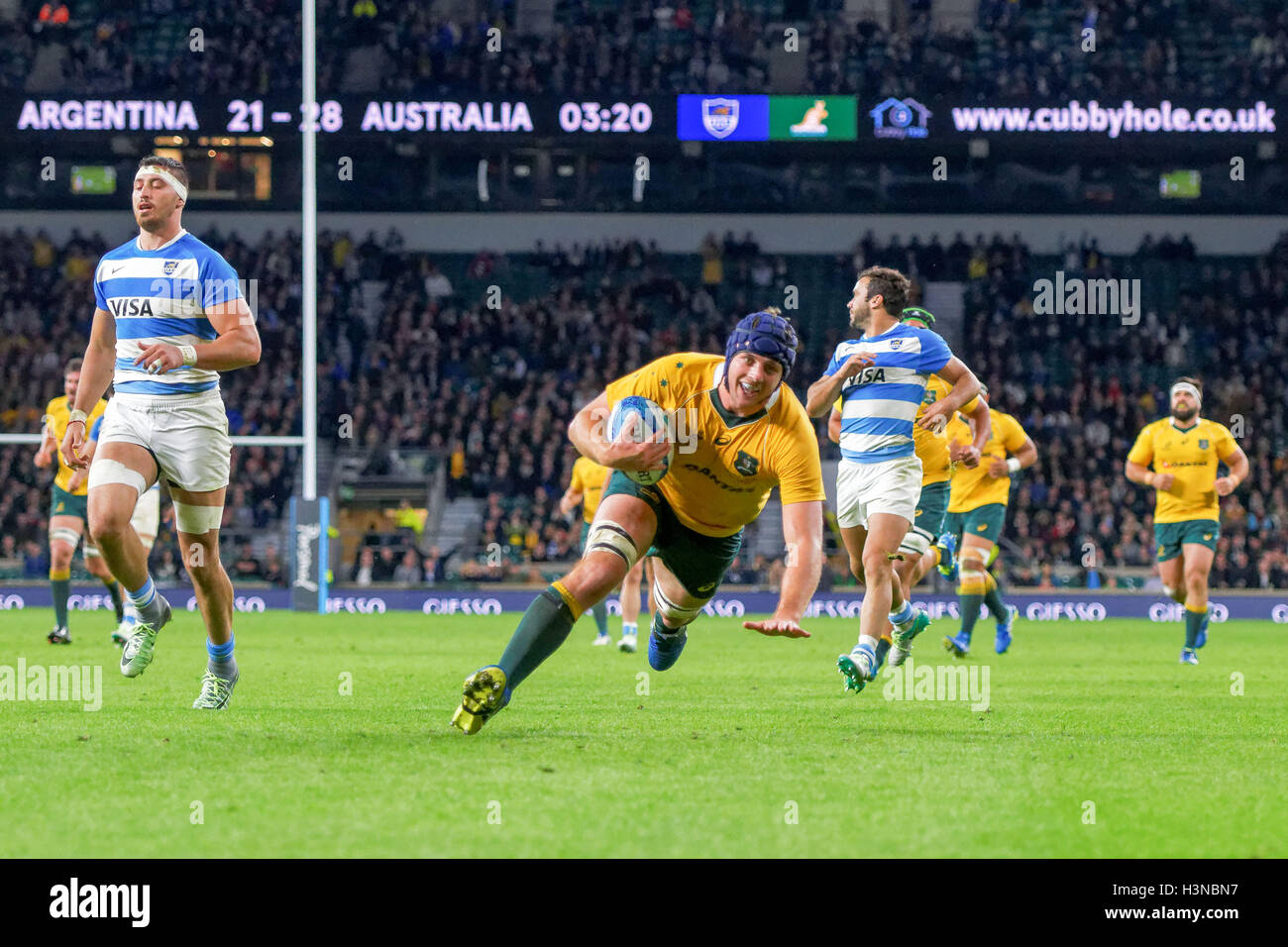 Australia's Dean Mumm (6) score a try during the rugby union test match ...