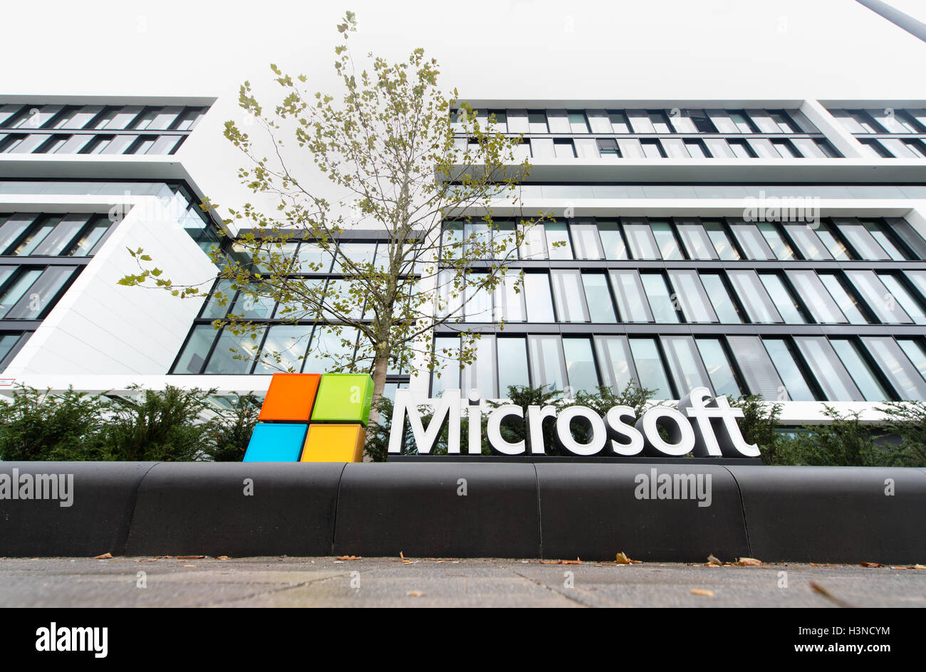 Munich, Germany. 06th Oct, 2016. The logo and the facade of the new ...