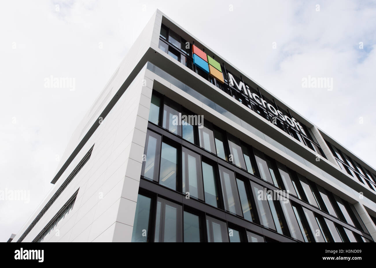 Munich, Germany. 06th Oct, 2016. The logo and the facade of the new ...