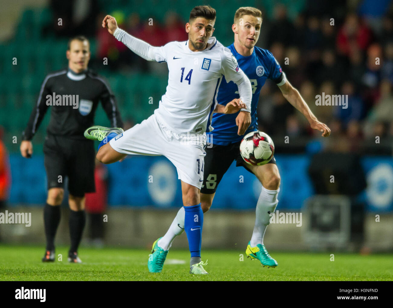 Tallinn, Estonia, 10th October 2016. Karol Mets (R) of Estonia fights ...