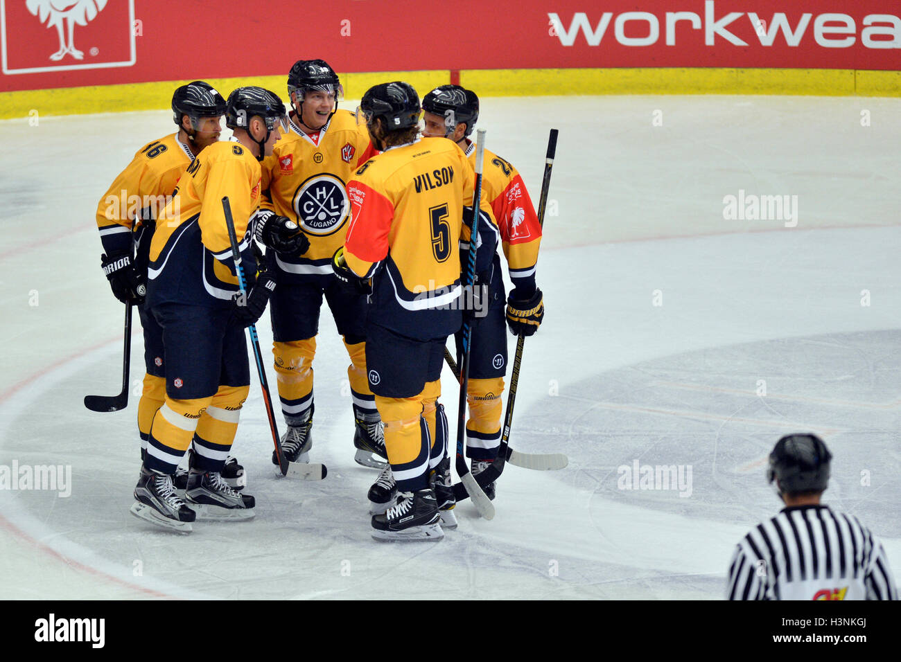 Patrik Zackrisson (centre) of Lugano celebrates a goal with his ...