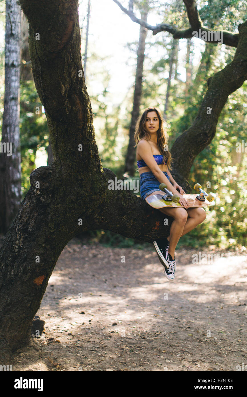 Woman sitting on tree, Santa Cruz, California, USA Stock Photo - Alamy
