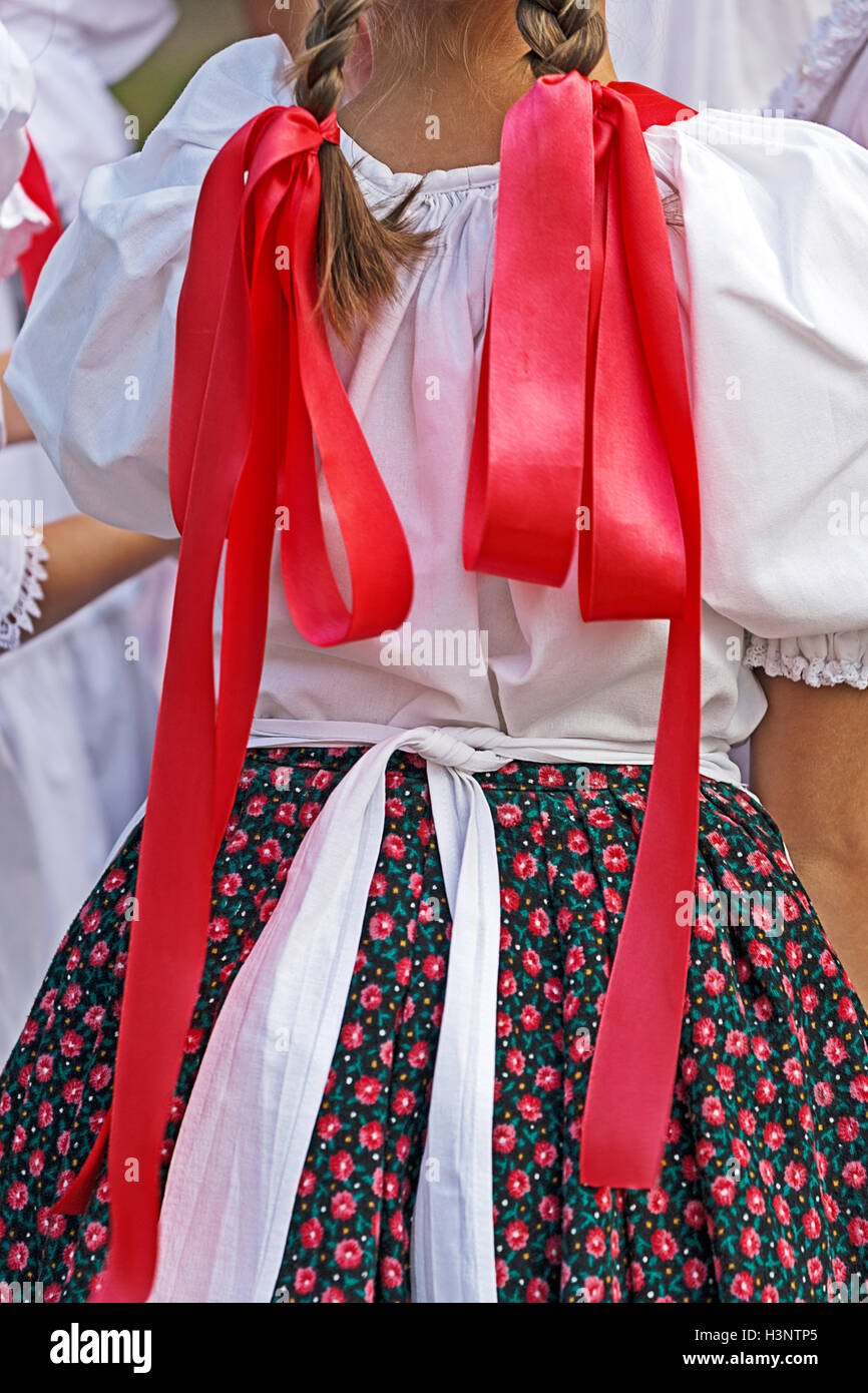 Detail of traditional Hungarian folk costume worn by women of ethnic ...