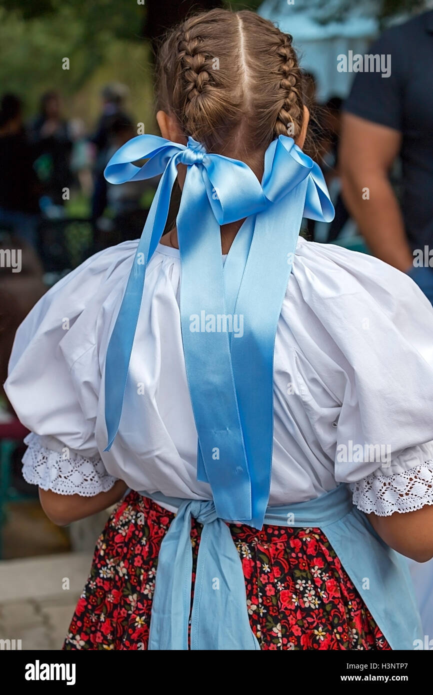 Detail of traditional Hungarian folk costume worn by women of ethnic ...