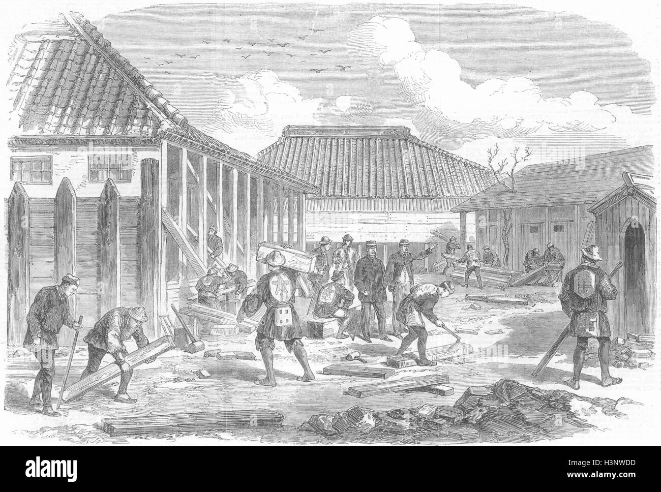 YOKOHAMA Barracks for British troops being built 1864. Illustrated ...