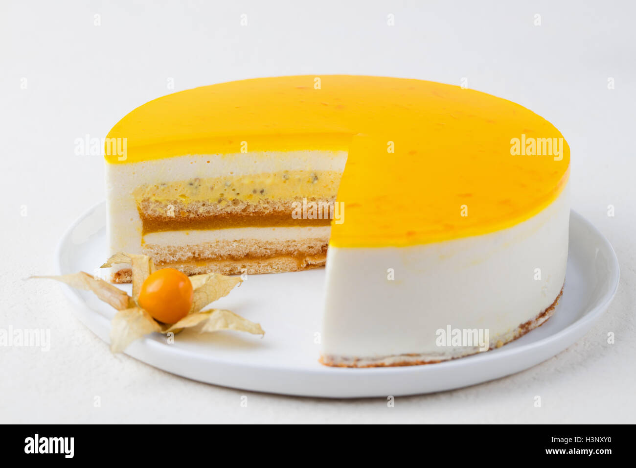 Passion fruit cake, mousse dessert tropical flavor Stock Photo - Alamy