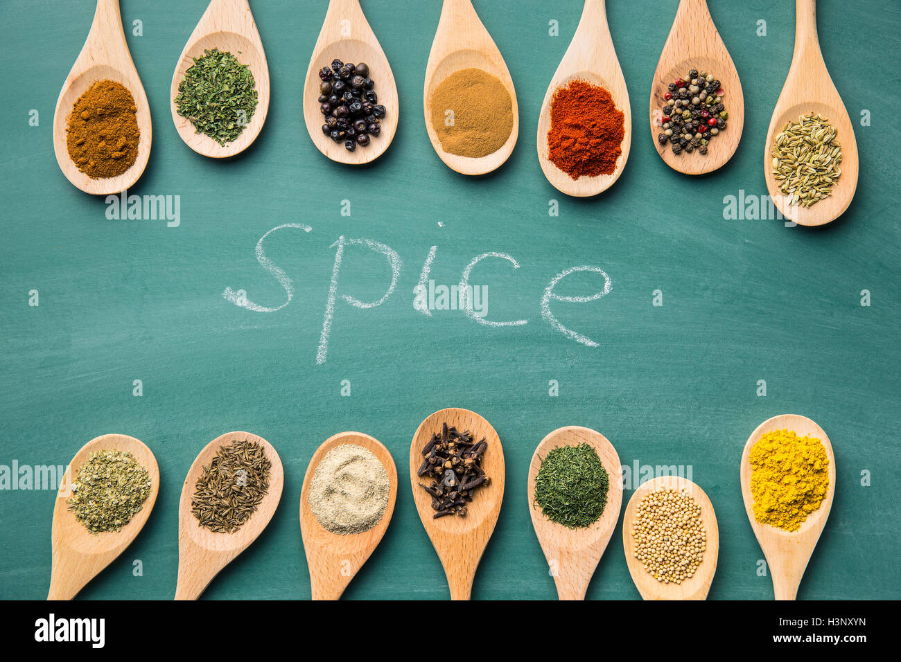 Various spices in wooden spoons on chalkboard. Top view Stock Photo - Alamy
