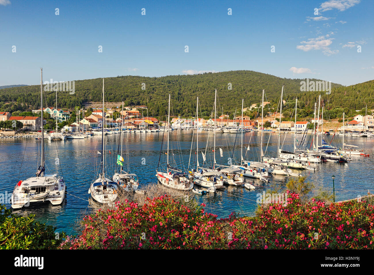 Sailing boats at the port of Fiskardo in Kefalonia island, Greece Stock ...