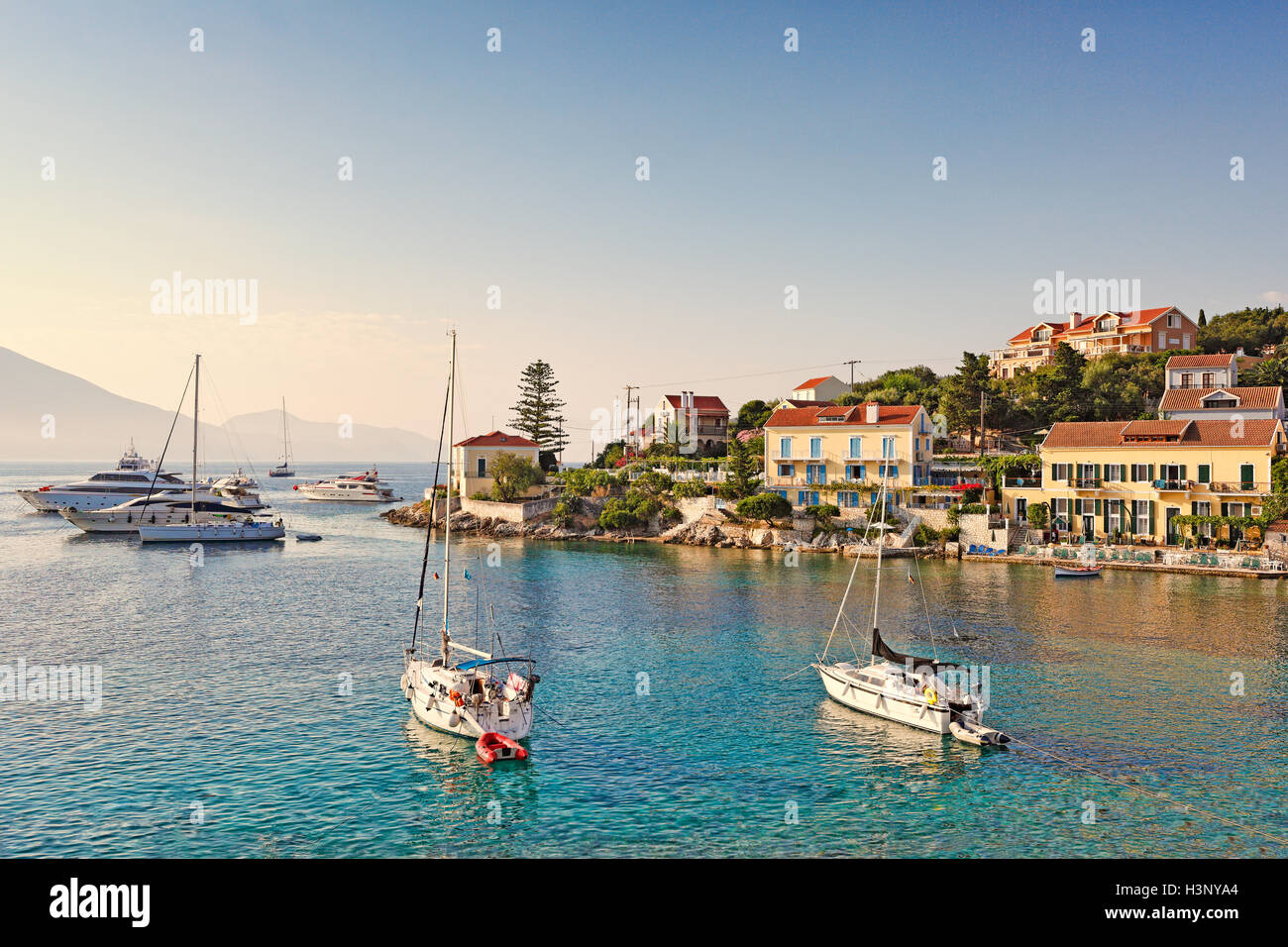 Sailing boats at the port of Fiskardo in Kefalonia island, Greece Stock ...