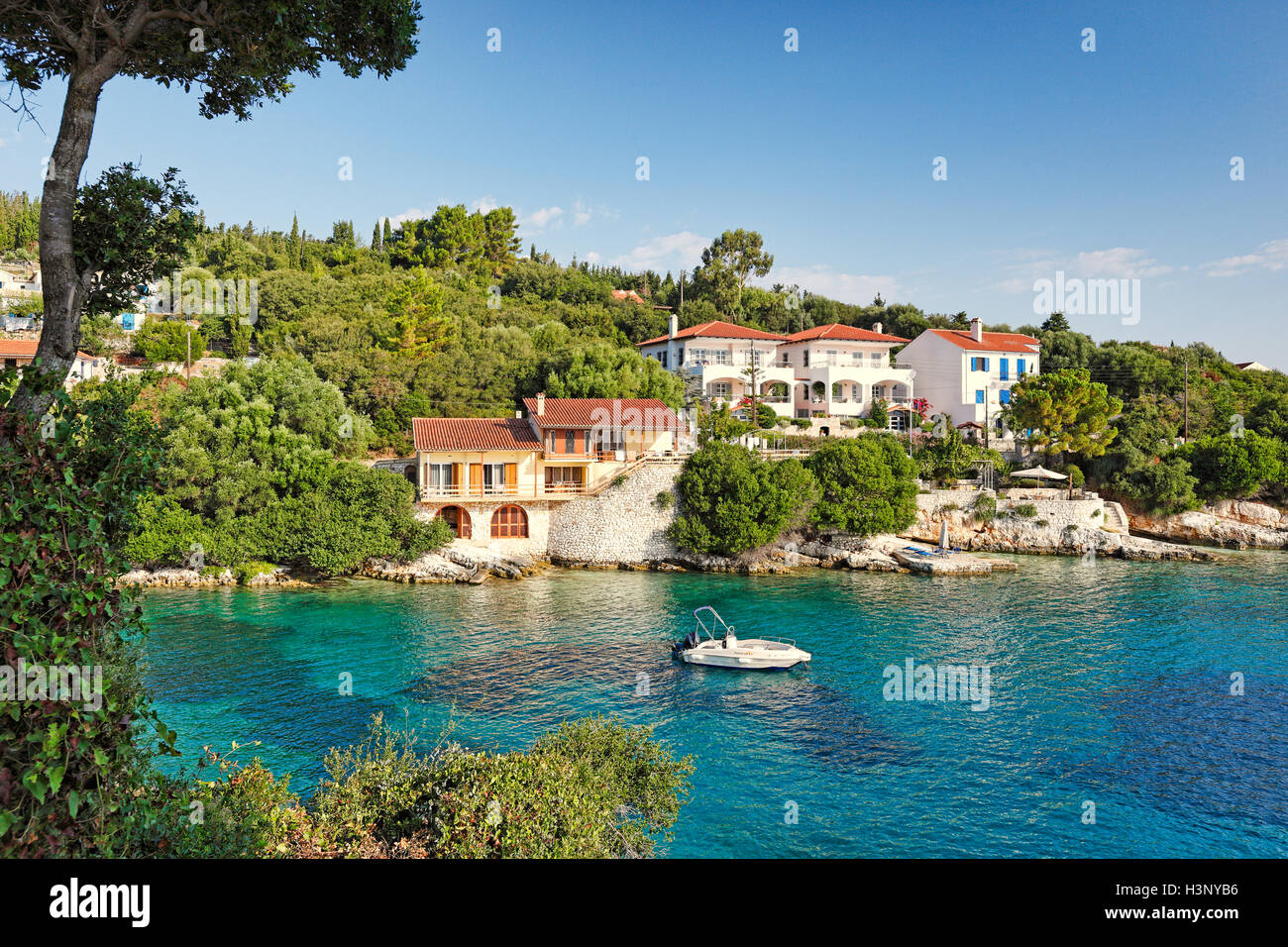 Houses at the port of Fiskardo in Kefalonia island, Greece Stock Photo ...