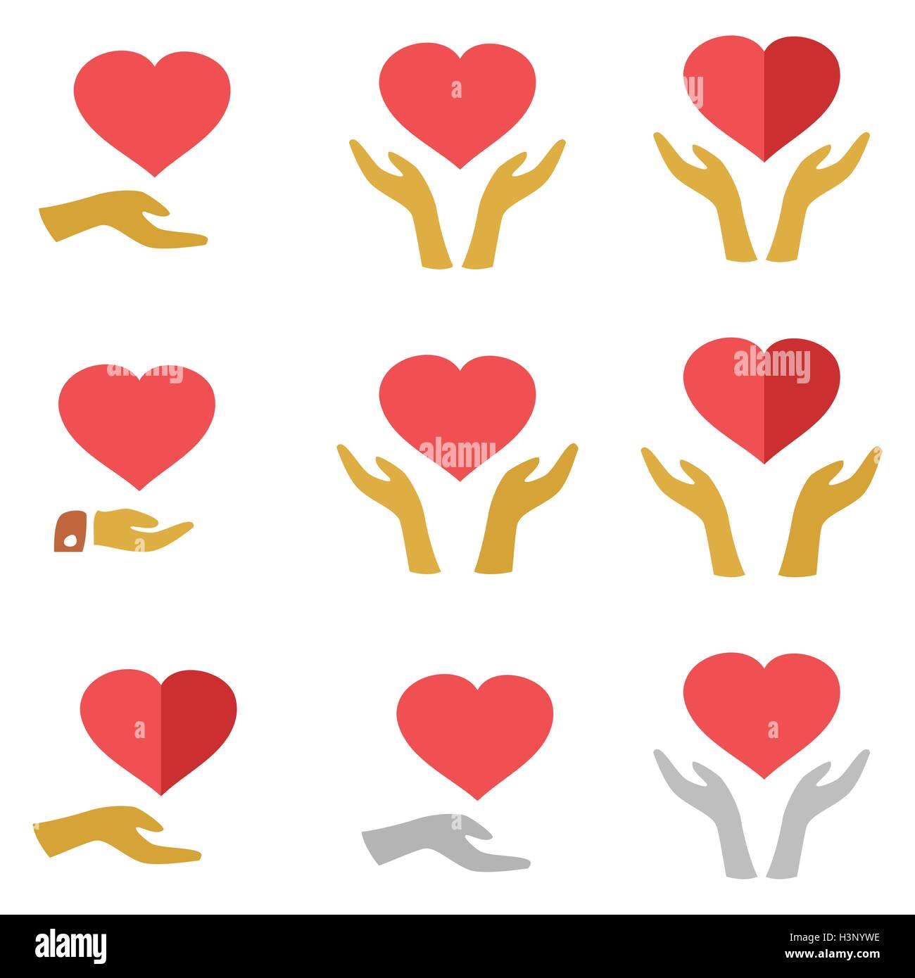 Stylized red heart on hands man and woman, vector icons set on white ...
