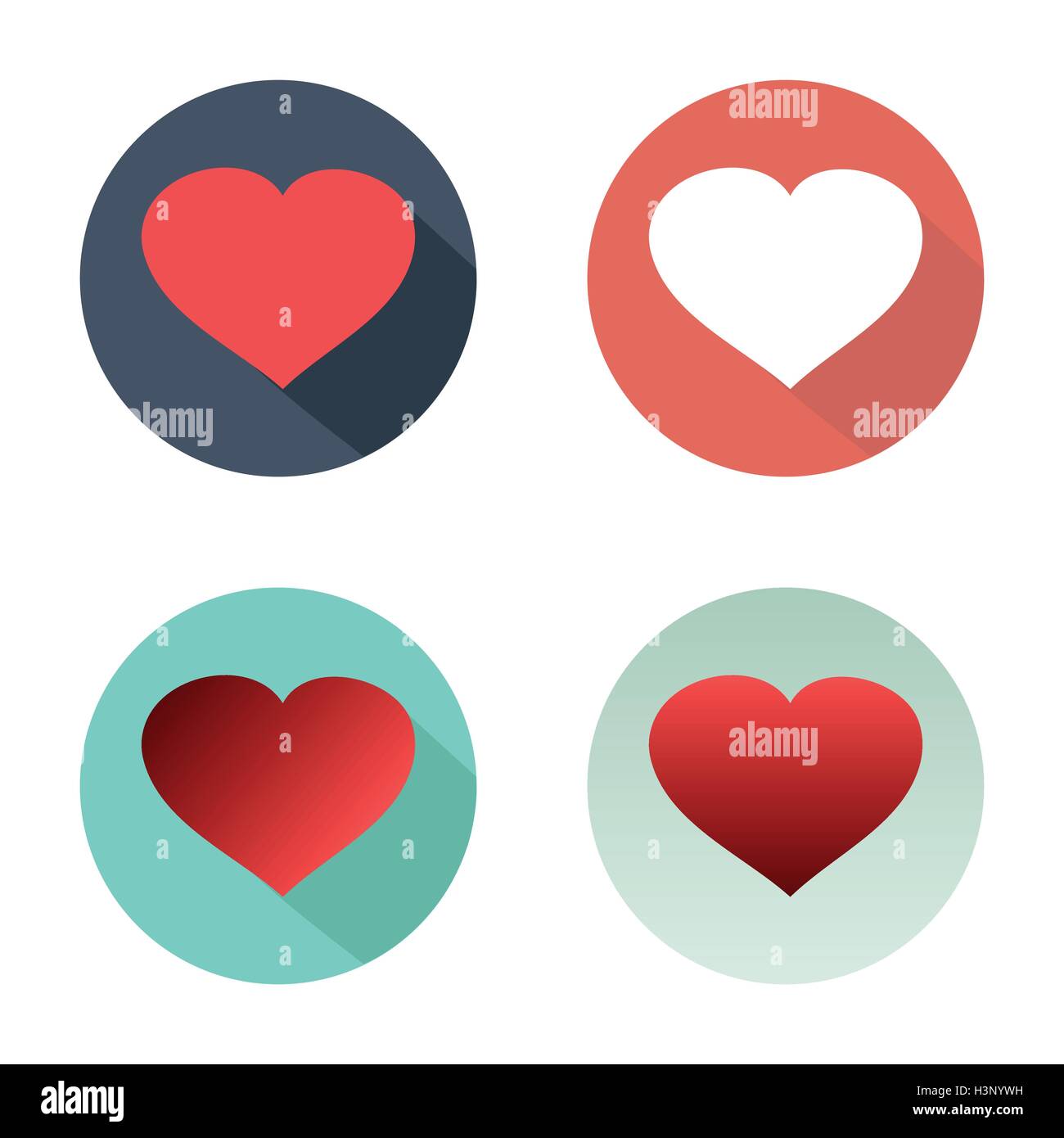 Flat set hearts icons with shadow vector colorful on white background ...