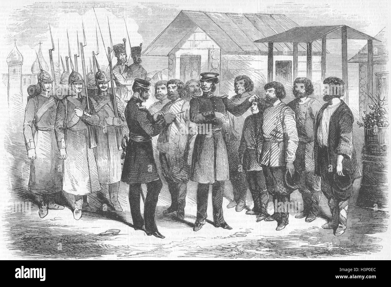MILITARIA Drawing Russian conscripts 1855. Illustrated Times Stock ...