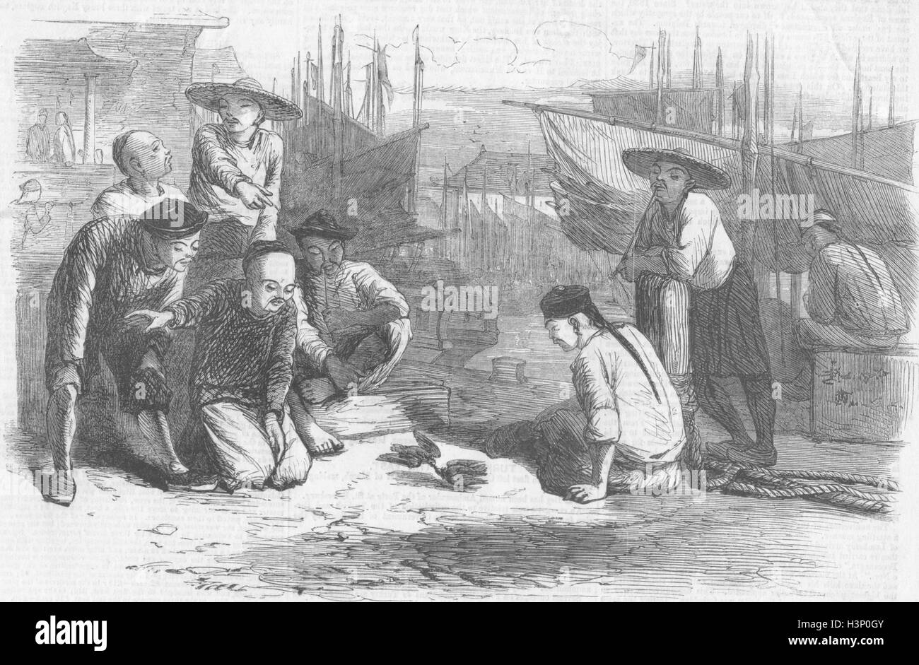 PORTRAITS Canton boatmen fighting quails 1857. Illustrated Times Stock ...