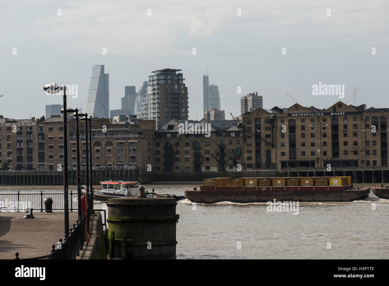View of wharfs, O2 and other buildings on River Thames, Greenwich ...