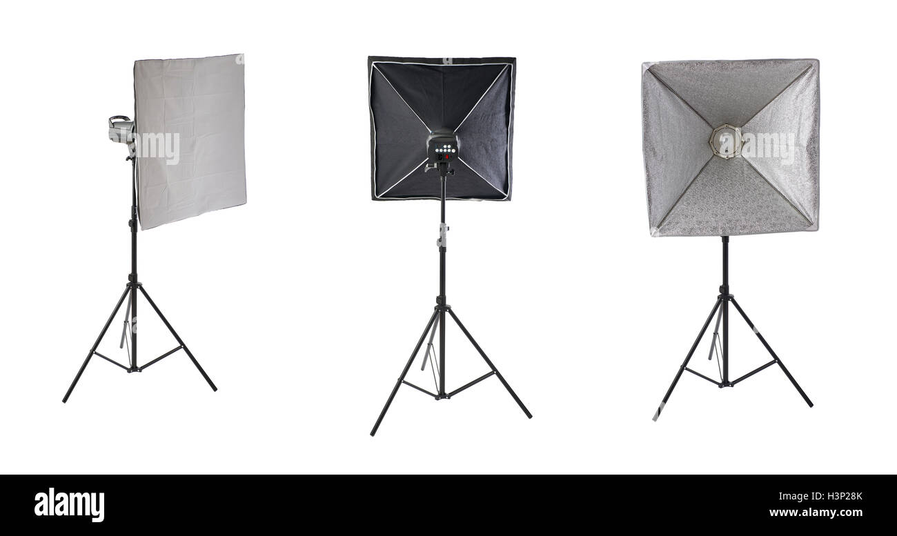 Set of Studio flash on a stand over isolated white background Stock ...
